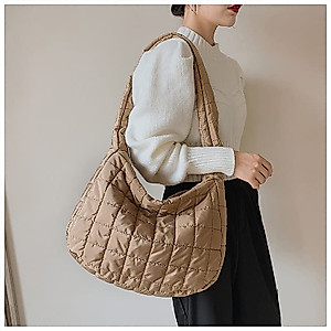 Puffer Bag Quilted Down Cotton Padding Shoulder Bag for Women Large Puffy Tote Bag Autumn Winter Lightweight Crossbody Handbag (Khaki)