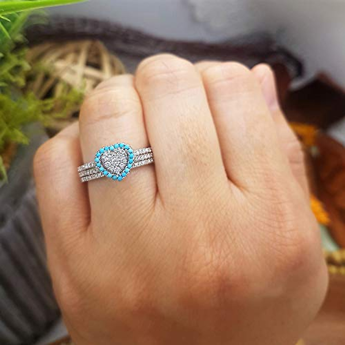 Dazzlingrock Collection Round Turquoise & White Diamond Ladies Heart Shaped Wedding Ring Set in 14K White Gold, Size 7