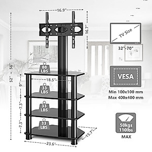 TAVR Furniture 4-Tiers Media Component TV Stand with Swivel Mount Audio Shelf and Height Adjustable Bracket, Black Floor TV Stand for 32-70 Inch LCD LED OLED Flat/Curved Screen TVs