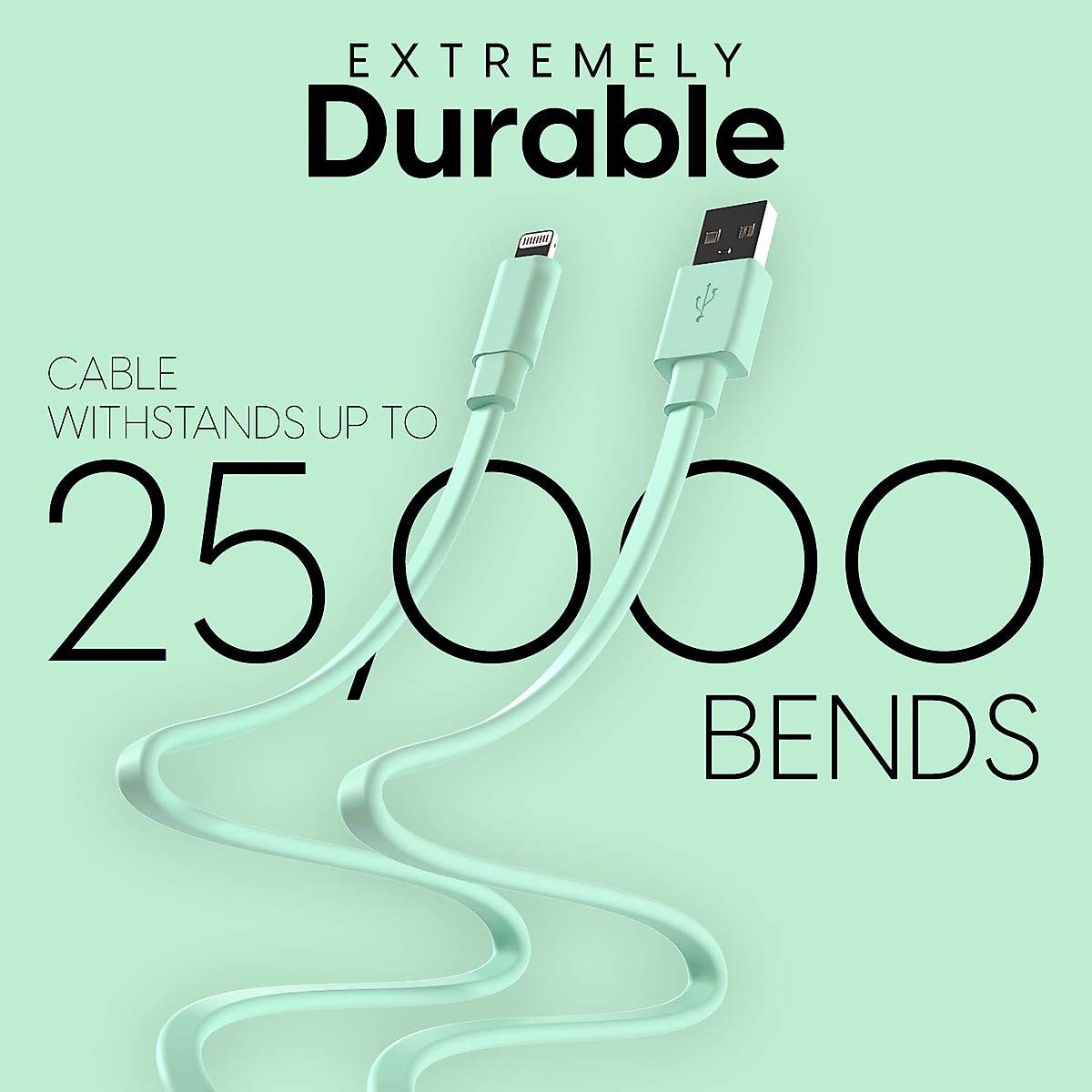 TalkWorks Flat Lightning Charging Cable Compatible w/iPhone 14/Plus/Pro/Pro Max, 13/Mini/Pro/Pro Max, 12/Pro/Pro Max/Mini, 11/Pro/Pro Max, XR, XS, XS Max, X, 8, 7, 6, 5-7' Charger Cord (Mint Green)