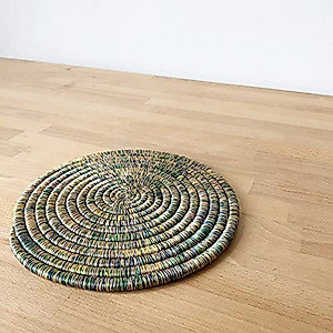 African Woven Trivet- Bwisige/Rwanda Trivet/Sisal & Sweetgrass/Blue, Green, Blush, Golden Yellow, Tan