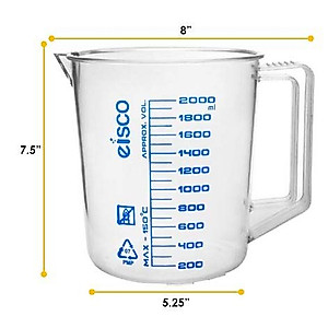 EISCO Measuring Jug, 2000ml - Polypropylene - Screen Printed Graduations, Spout & Handle for Easy Pouring - Excellent Optical Clarity