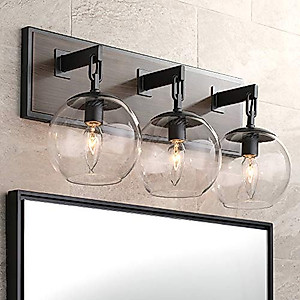 Possini Euro Design Webly Industrial Rustic Wall Light Gunmetal Faux Wood Hardwired 20" 3-Light Fixture Clear Glass Globe Shade for Bedroom Bedside Bathroom Vanity Living Room Hallway Dining House