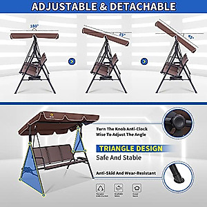 Nice C Patio Swing, Porch Swing Bench, Canopy Glider, with Adjustable Tilt, Three Seat (Brown)