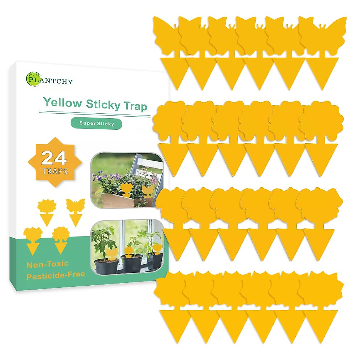 PLANTCHY 24 Pcs Fruit Fly Traps Yellow Sticky Traps Pest Insect Bug Catcher Killer Fungus Gnat Traps for House Indoor Outdoor Plants and Kitchen, Non-Toxic and Odorless, 4 Shapes