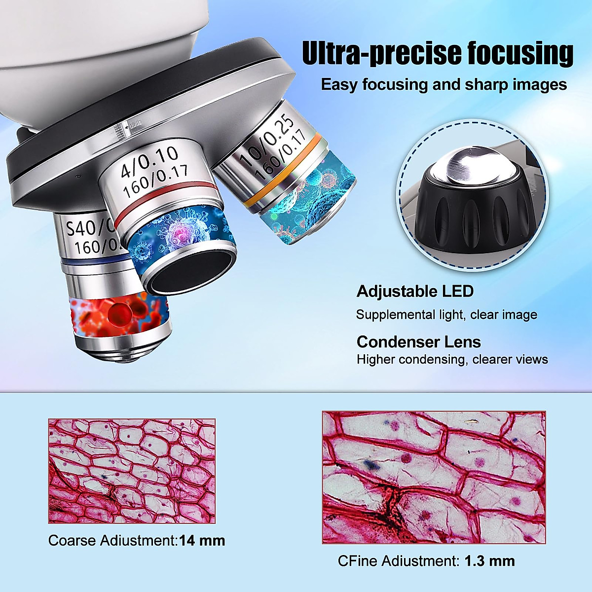 Binocular Compound Microscope 40X-2000X, Research Grade Professional Microscope with Dual Mechanical Stages and Coaxial Coarse/Fine Focus Knobs, Built-in Electronic Eyepieces, Adult Microscope