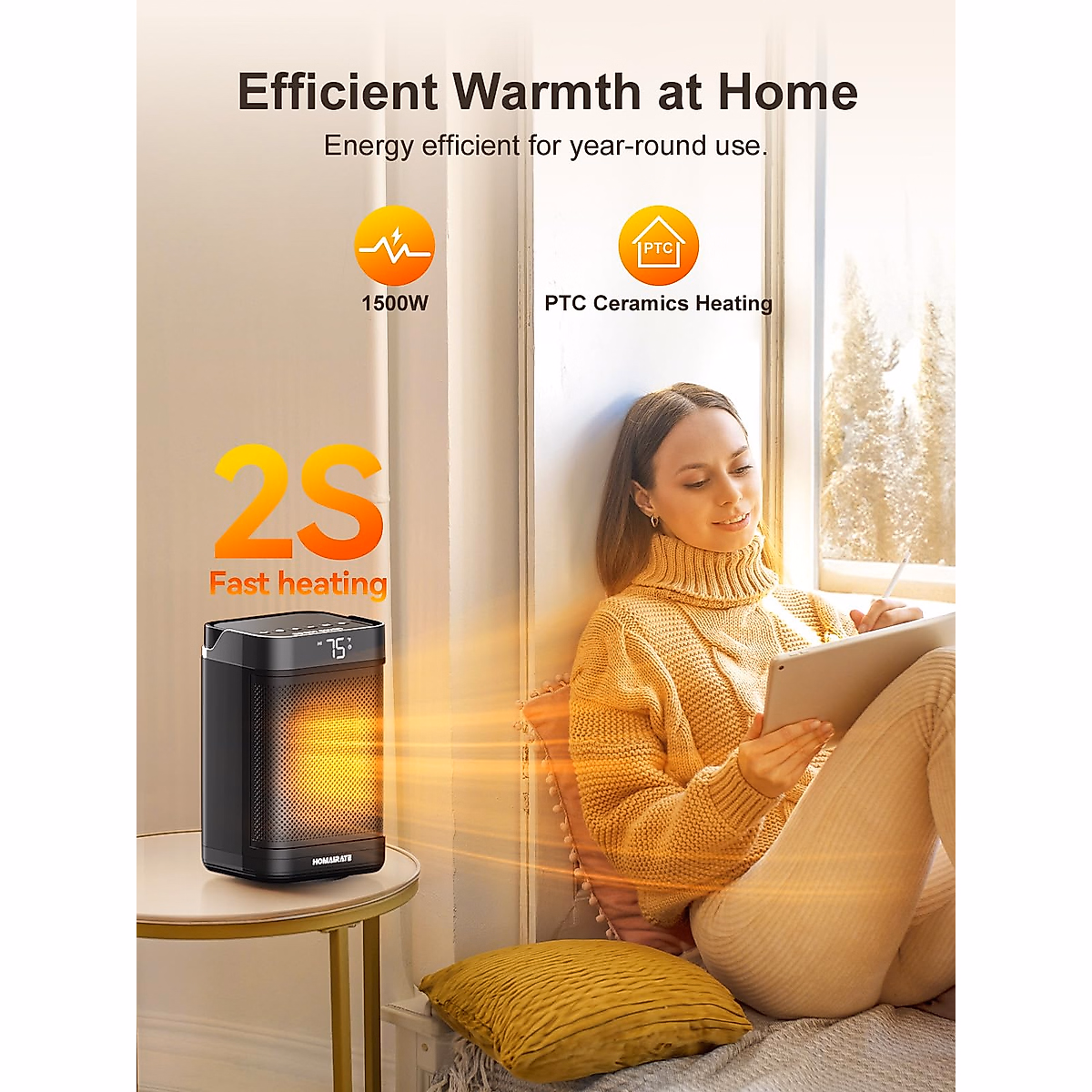 Homairate Small Space Heater, Portable Electric Heater with Remote,Thermostat, 4 Modes,70° Oscillation, 12H Timer, 1500W Fast Heating Ceramic Room for Home Bedroom, Office