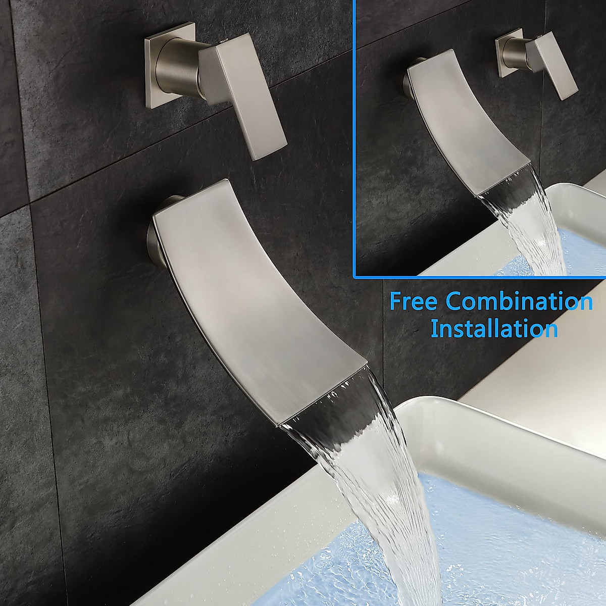 SKOWLL Wall Faucet Waterfall Faucet Modern Bathroom Vanity Sink Faucet Wall Mount Bath Mixer Set with Single Handle, Brushed Nickel