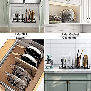 Pot Organizer Rack for Under Cabinet, Kitchen Pot and Pan Organizer Rack Holder with 1 Drip Pan & 7 Dividers Adjustable Pot Lid Organizer for Cabinet, Bakeware, Cookie Sheet and Cutting Board (Black)