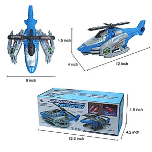 Elimiic Helicopter Toys for 3 4 5 6 Year Old Boys Automatic Transform Dinosaur Toys with LED Light and Music 4-6 Year Old Boy Birthday Gifts(Blue)