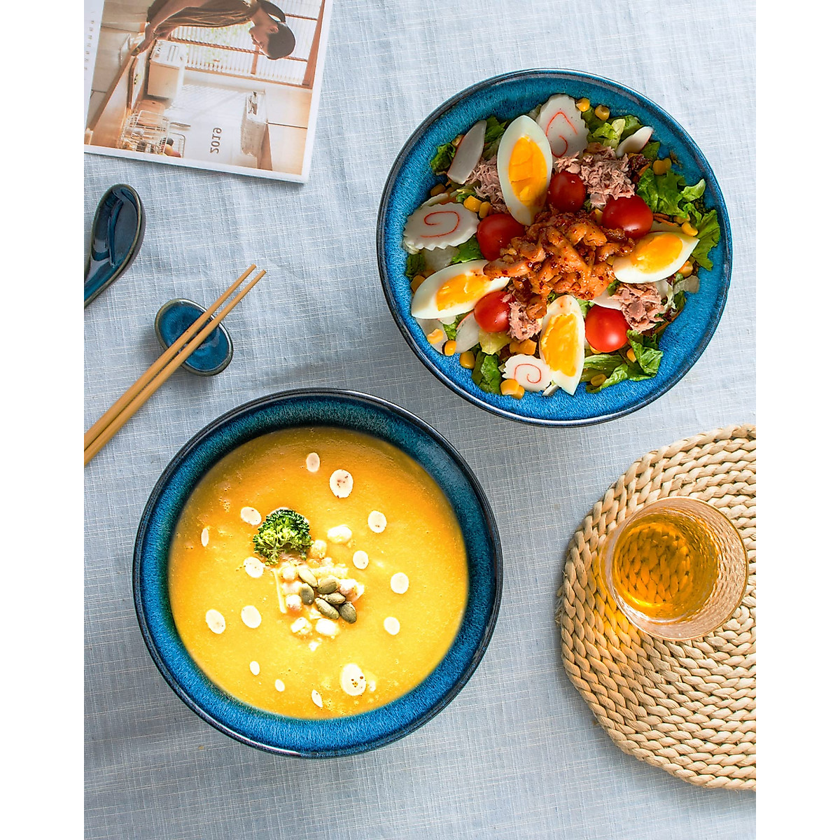 Large Salad Soup Ramen Serving Bowls, 71 OZ Ceramic Japanese Ramen Noodle Bowl with Chopsticks, Spoons and Rests - Super Big Bowl Sets for Udon, Pho, Pasta, Cereal, Set of 2 - Reactive Blue