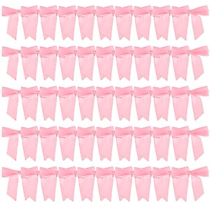 Twist Tie Bows, 50 Pack Pink Satin Bows for Crafts 3.5" Pre-Tied Pink Ribbon Bows Wedding Favors Ribbon Bows for Gift Wrapping Treat Bag Present Craft Bridal Shower Christmas Thanksgiving
