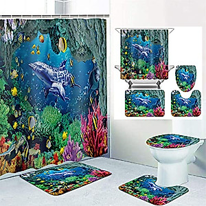 4PCS Bathroom Sets with Shower Curtain and Rugs and Accessories, Blue Dream Sea World Colorful Underwater Dolphin Cute Ocean Animal Seabed Bathroom Decor Shower Curtain Sets with Rugs (Dolphin 12)