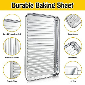 Baking Sheet with Cooling Rack Set(2 Pans+2 Racks) 17'', Terlulu Stainless Steel Baking Pan with Wire Rack, Heavy Duty Half Sheet Pan&Bacon Rack for Oven Cooking, Cookie Sheet, 17.1 x 12.2 x 1.1 Inch