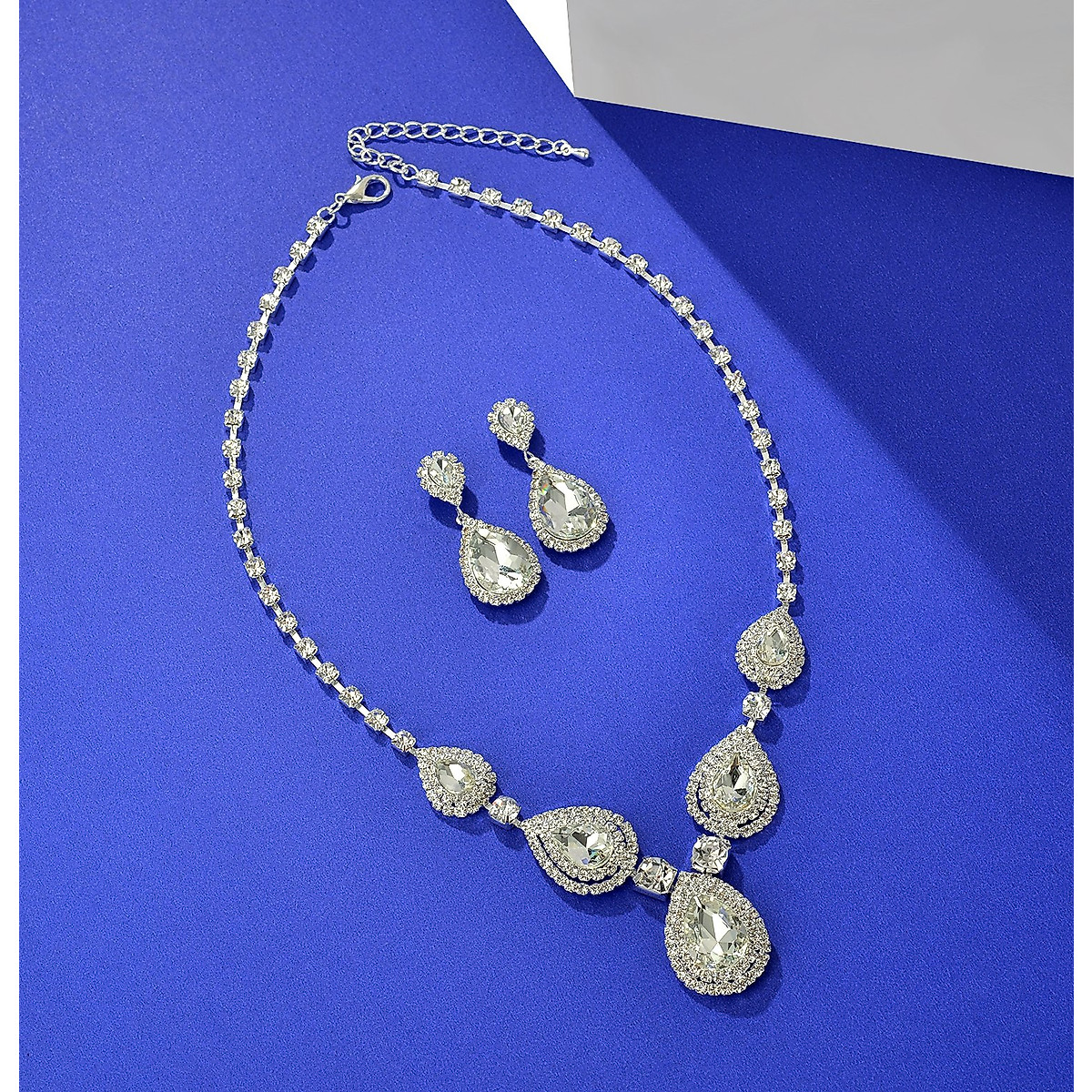 3 Pack Bridal Rhinestone Crystal Necklace Link Bracelet and Teardrop Dangle Earrings Jewelry Set Gifts fit with Wedding Dress Party