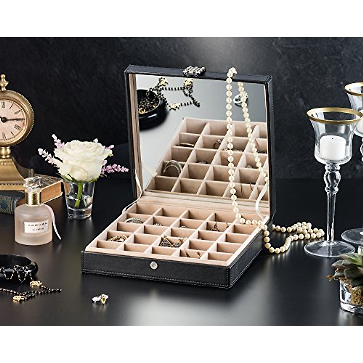 Glenor Co Earring Organizer - Classic 25 Section Jewelry Box/Case/Holder for Earrings, Rings, Necklaces, Jewelry, Cufflinks or Collections. 25 Small Compartments with Elegant Large Mirror - Black