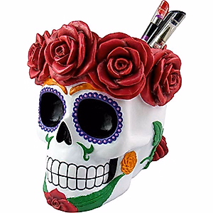 World of Wonders Sugar Skull Day of the Dead Makeup Brush Holder Organizer | Makeup Organizers For Vanity and Sugar Skull Gifts for Women | Día de Los Muertos Decoration - 5"
