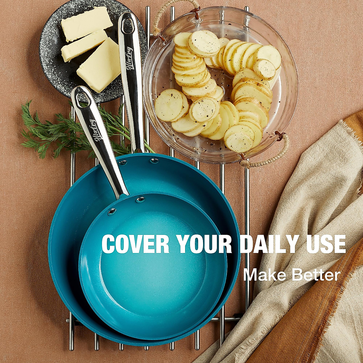 HLAFRG 10 Inch Nonstick Frying Pan with Lid, Ceramic Skillet, Omelet Pan, Effortless Cleaning,10 inch Small Pan with Heat-Resistant Handle, Compatible with All Stoves, Cyan