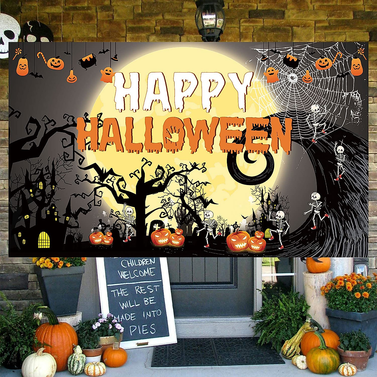 Famoby Happy Halloween Theme Fabric Sign Poster Banner Backdrop with Pumpkin,Ghouls, bat,spide,Moon for Halloween Photo Booth Background Party Decoration