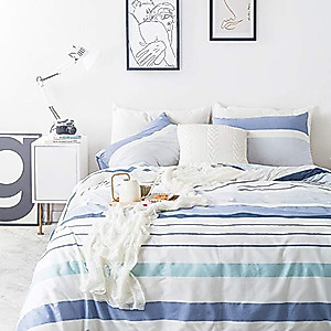 SUSYBAO Blue Striped Duvet Cover King 100% Cotton White Striped Duvet Cover 3 Pieces Set 1 Geometric Striped Duvet Cover with Zipper Ties 2 Pillowcases Luxury Soft Blue Striped Bedding Set Breathable