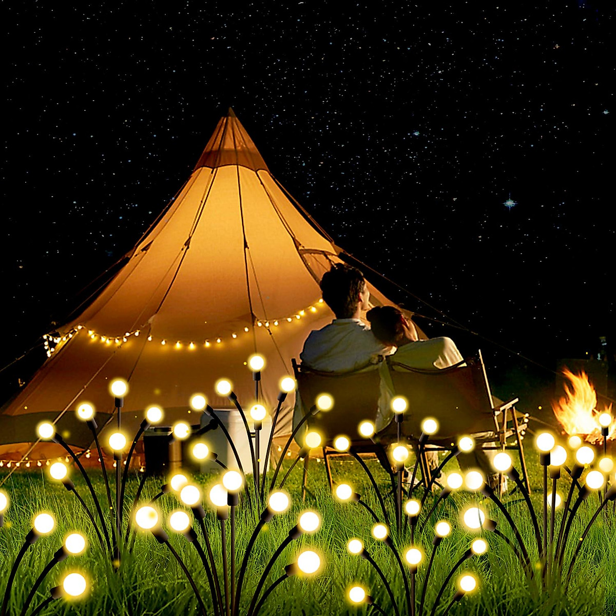 Firefly Solar Garden Lights Outdoor, Solar Firefly Lights, 4 Pack 32 LED Vibrant Firefly Starburst Swaying Lights, Waterproof Solar Decorations Lights for Yard Walkway (Warm White)