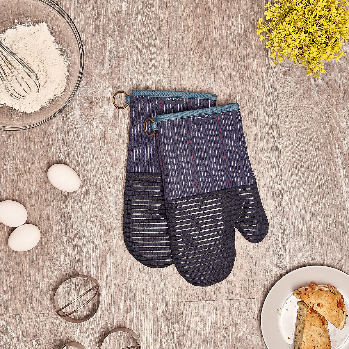 NAUTICA Home - Kitchen Oven Mitts with Silicone Grip, Heat Resistant up to 500 Degrees F, Cotton Potholders for Cooking, Set of 2, Navy 2-Way Stripes