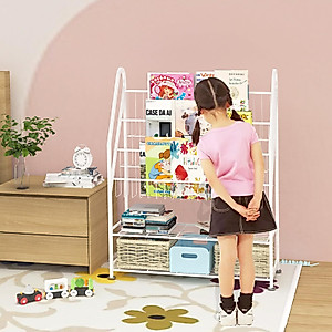 Azheruol Kids Bookshelf Freestanding for Children Room 32 Inches White Metal Bookcase Large Capacity Books Toys Organizer Stable 5 Tiers Kids Book Rack for Playroom Bookstore Library.