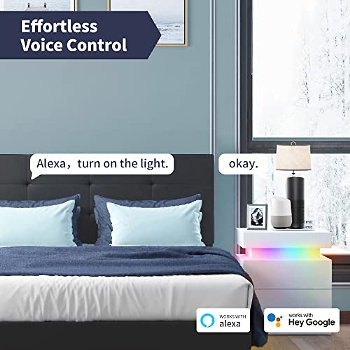 ZAFLY Platform LED Bed Frame Queen Size,Upholstered Queen Bed Frame with Adjustable Headboard,Queen Size Bed with RGB LED Strip Light,Wooden Slats Support,No Box Spring Needed,Easy Assembly,Black