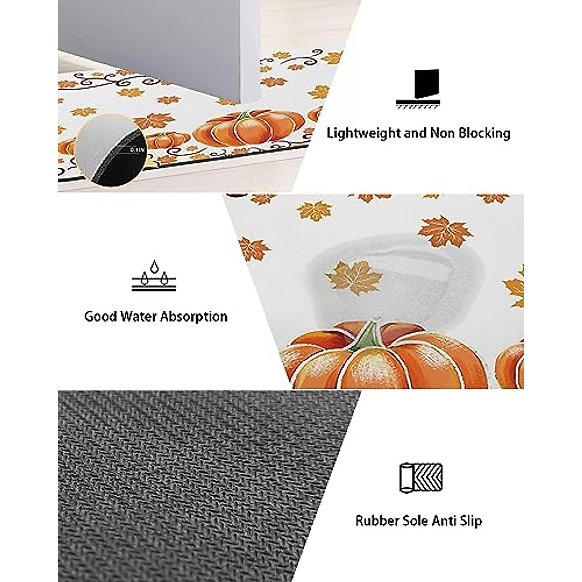 Orange Pumpkin Bath Mat for Tub,Non Slip Bathroom Floor Runner Rug Quick Dry & Absorbent Diatomaceous Earth Shower Sink Bedroom Kitchen Washable Doormat,Thanksgiving Fall Maple Leaves White 20"x47"