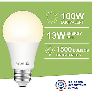 Sigalux LED Light Bulbs 100 Watt Equivalent Standard Warm Light Bulbs 2700K Soft White, Non-Dimmable A19 Nature Energy Saving 13W E26 Medium Base Bulb, High Brightness 1500 Lumens, UL Listed, 6 Packs
