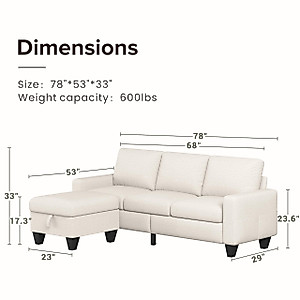 Lonkwa 78'' Convertible Sectional Sofa Couch, Beige 3 Seat L-Shaped Couch with Storage Ottoman, Modern Linen Fabric Couches for Living Room, Apartment, Office, Small Space