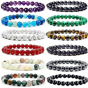 SROBENZ 12 Pcs 8mm Gemstones Beaded Bracelets for Men Women Stone Healing Bead Semi-Precious Stretch Round Bead Crystal Bracelets Unisex