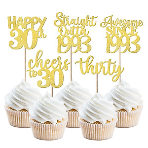 30 Pack 30th Birthday Cupcake Toppers Glitter Straight Outta 1993 Happy 30th Thirty Awesome Since 1993 Cupcake Picks 30 Fabulous Cake Decorations for 30th Birthday Wedding Anniversary Party Gold