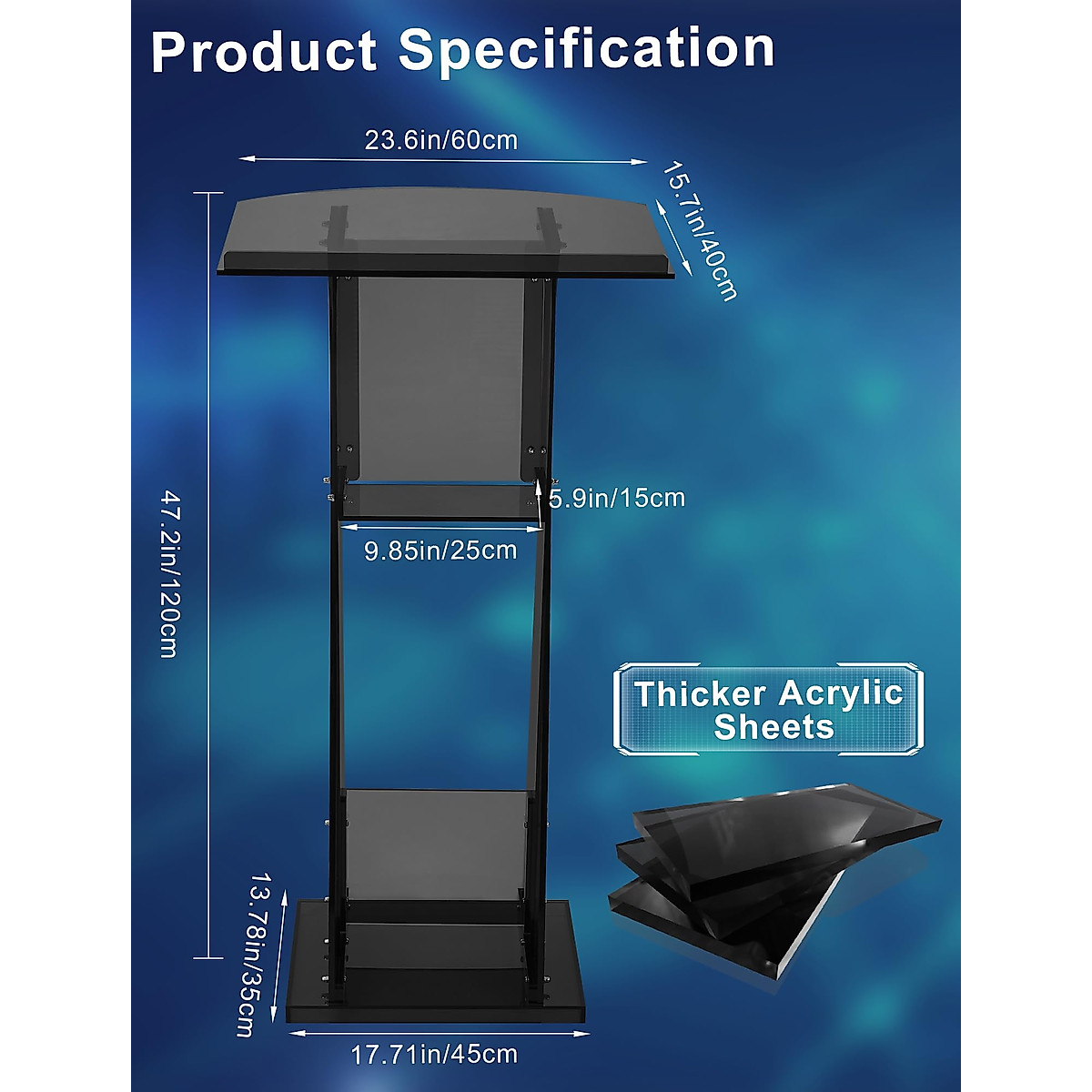 HODLBIT Upgraded Acrylic Podium Stand, Pulpits for Churches, 47.5inch Modern Lecterns & Podiums with Storage Shelf for Classroom, Weddings, Professional Presentation Podiums, Easy Assembly