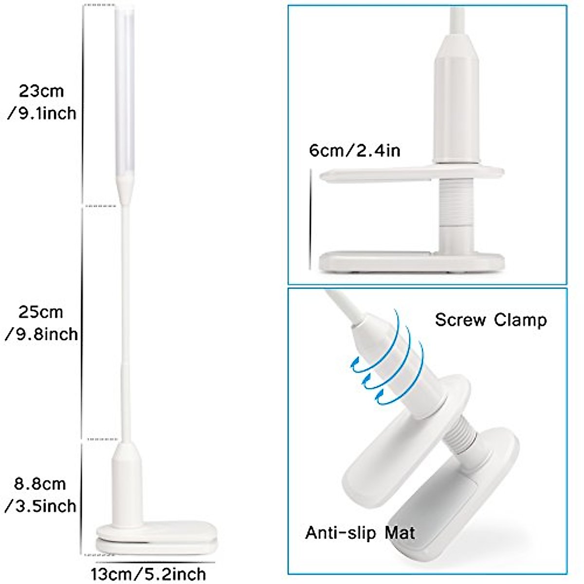 AnSun Rechargeable LED Desk Lamp Clip on Table Light with Battery Powered (2000mAh) 3 Color, Stepless Dimmable Touch Control 360° Flexible Reading Clamp Lamp for Study Bedroom Office (White)