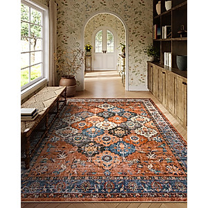 Moynesa Moroccan 8x10 Area Rug, Washable Rugs for Living Room, Bohemian Soft Large Bedroom Rug, Non Shedding Low Pile Floor Carpet for Dining Room Office Decor, Rust