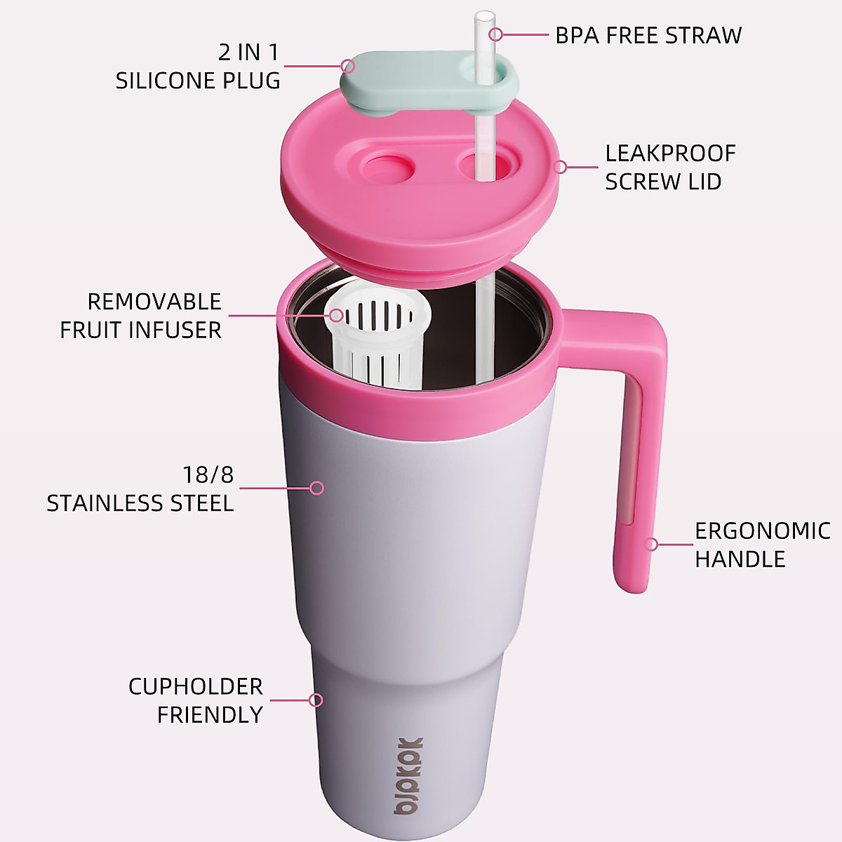 BJPKPK 40oz Tumbler With Handle And Straw Insulated Tumblers Cups With Lid Stainless Steel Travel Coffee Mug With Fruit Infuser,Light Gray