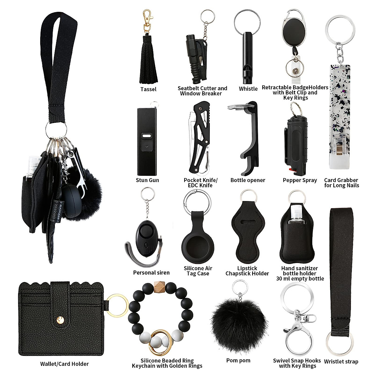 Araafur Leather Wristlet Keychain Set with Personal Alarm and Bottle Opener, Car Keychain Accessories for Women (Black 2)