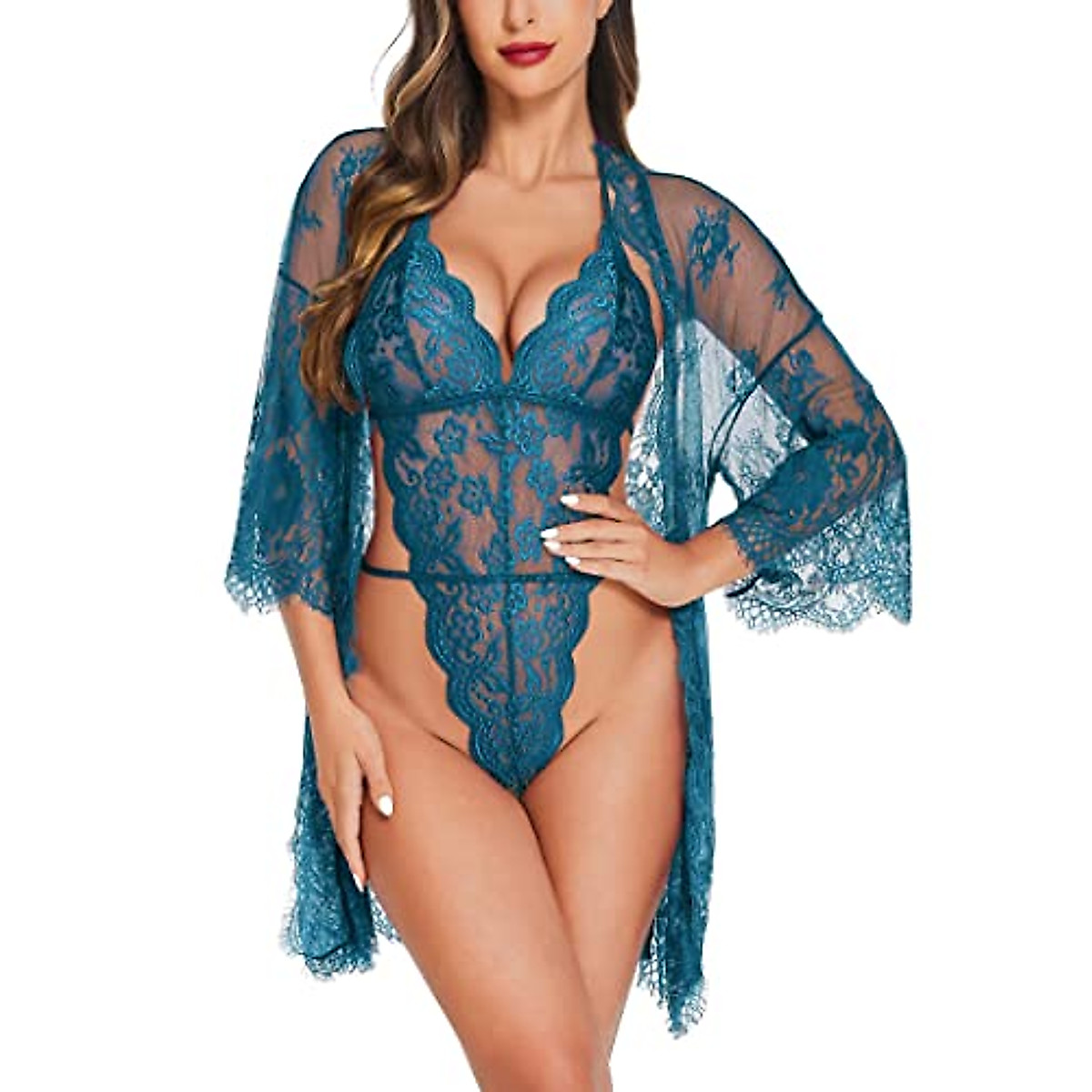 Avidlove Women Sexy Lingerie Bodysuit Lace Teddy Lace Kimono Robe Babydoll Lingerie Mesh Nightgown