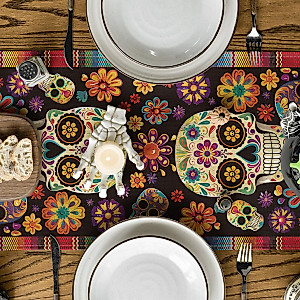 Artoid Mode Flowers Sugar Skull Mexican Day of The Dead Table Runner, Dia De Los Muertos Kitchen Dining Table Decoration for Home Party Decor 13x72 Inch