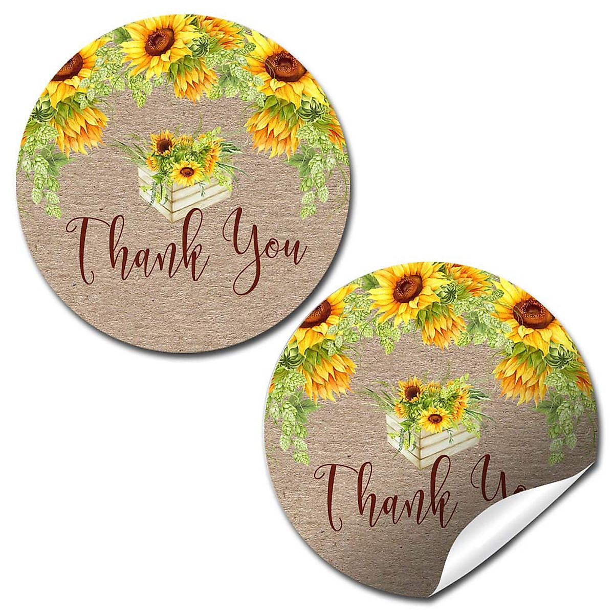 Rustic Fall Watercolor Sunflowers Thank You Sticker Labels, 40 2" Party Circle Stickers by AmandaCreation, Great for Party Favors, Envelope Seals & Goodie Bags