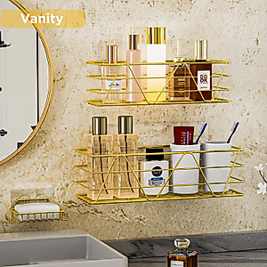 Carwiner Gold Shower Caddy Bathroom Shelves 3-Pack Basket with Soap Dish Holder, Stainless Steel Bathroom Organizer Shelf Rack Adhesive Shampoo Holder Wall Mounted for Kitchen