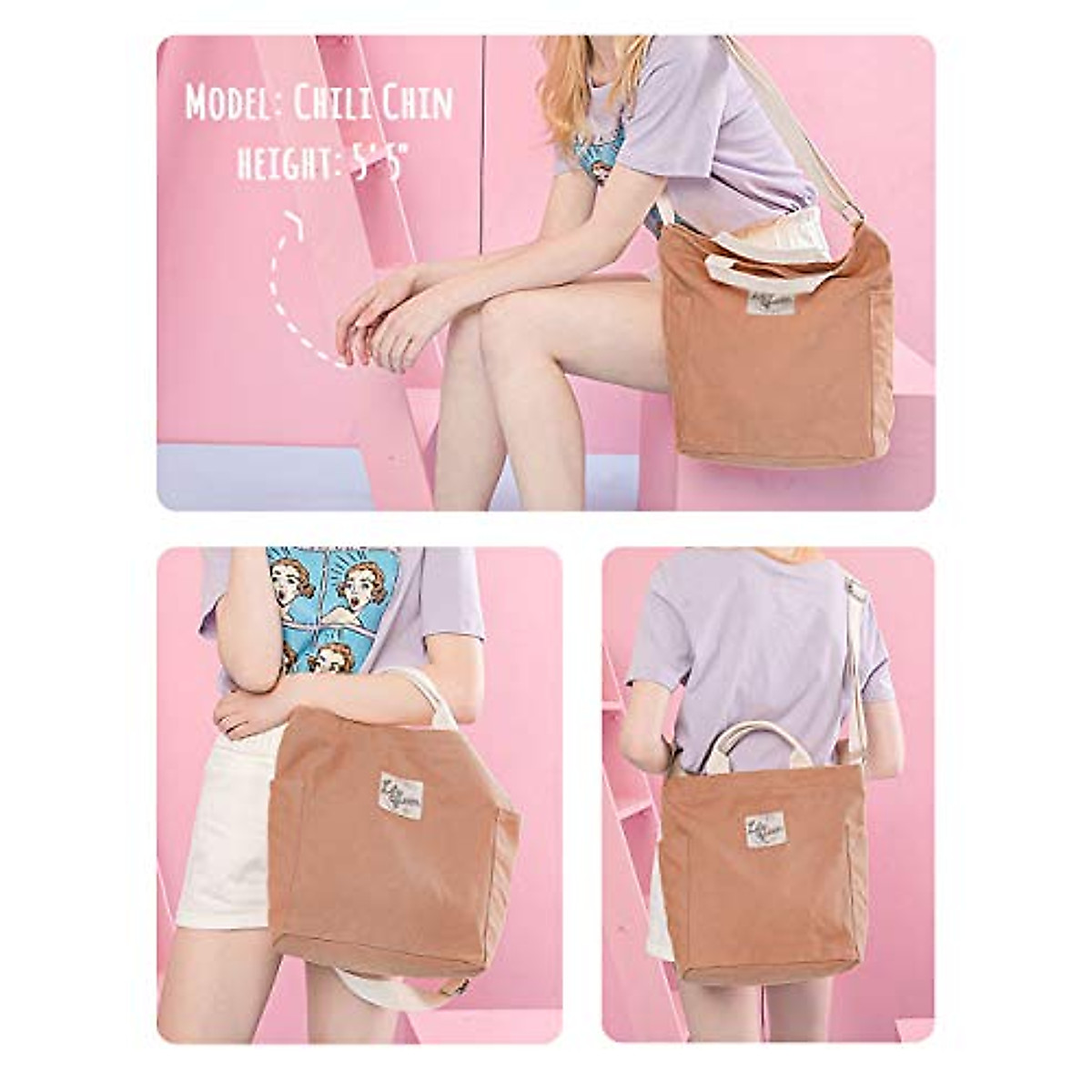 Lily queen Women Canvas Tote Handbags Casual Shoulder Work Bag Crossbody (Brown Sugar)