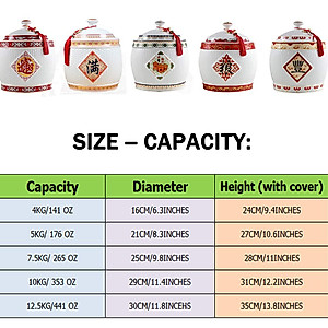 Classic Food Dispensers Ceramic Rice Bucket with Tassel Design, Household Rice Storage Box with Lid, Chinese Sealed Large-Capacity Rice Pot, 4-12.5KG/141-441 OZ