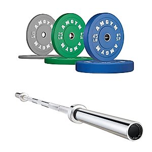AMGYM Color Bumper Plates Set with 7 Foot 1000 LB Capacity Olympic Barbell, Color Rubber Weight Plates with Steel Insert, Chrome Bar for Weightlifting Powerlifting(160LB + Bar)