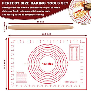 WALFOS French Rolling Pin and Silicone Baking Mat Set, Non-Stick Beech Wood Rolling Pin 17 Inch and Pastry Mat for Best Pie Crust, Cookie, Pasta and Pizza Dough