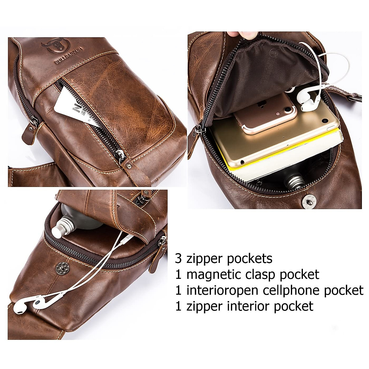 BULLCAPTAIN Men Leather Sling Chest Bag Outdoor Travel Shoulder Crossbody Bags Hiking Small Backpack (Black)