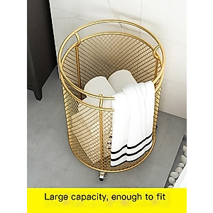 YDKJWB Metal Laundry Basket with Wheels, Round Mesh Dirty Clothes Hamper, Gold/Black/White Laundry Hamper, Storage Basket for Bathroom, Laundry Room, Living Room, Bedroom (Color : Gold)