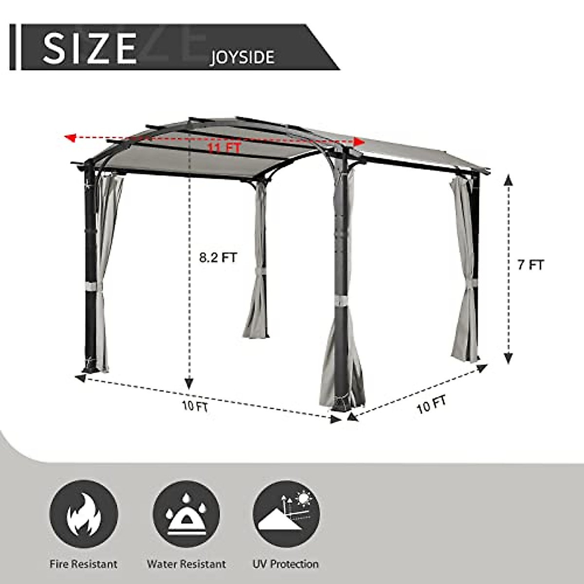 Joyside 11'x11' Outdoor Pergola with Sidewalls - Arched Top Outdoor Pergola with Metal Steel Frame and Textilene Top Canopy, Ideal for BBQ Party & Family Gathering, Grey Top