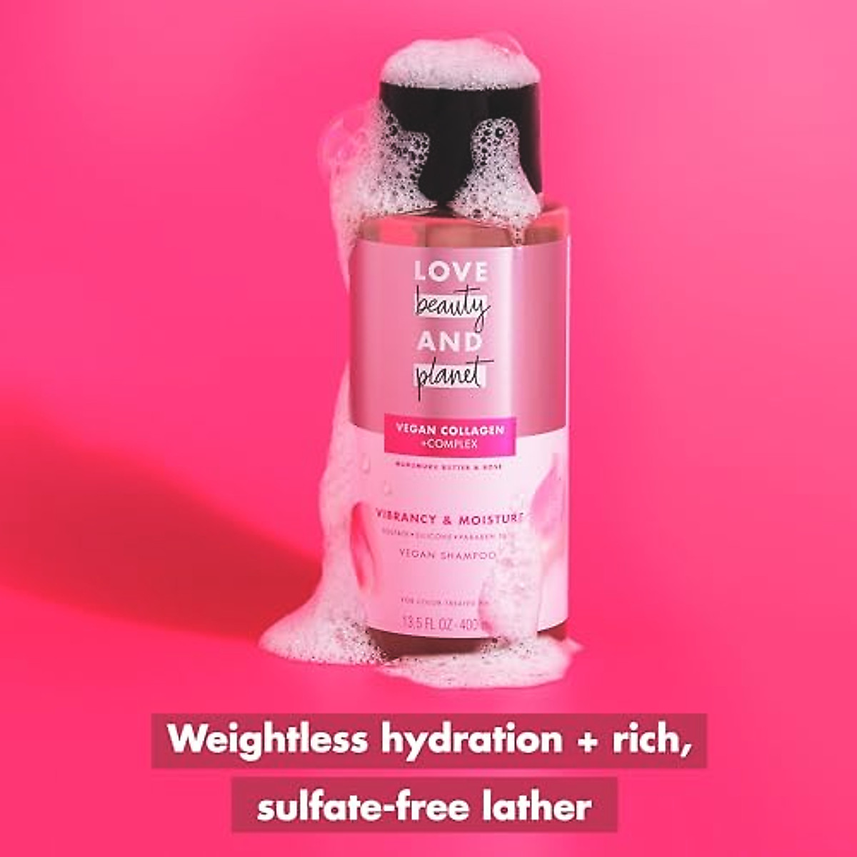 Love Beauty and Planet Vegan Collagen Moisture Shampoo Murumuru Butter & Rose Pack of 4 for Color-Treated Hair Vibrancy, 13.5 oz
